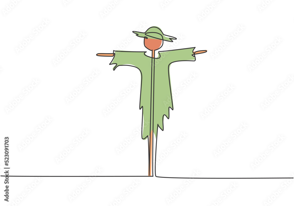 Single continuous line drawing of scarecrow installed by farmers to ...