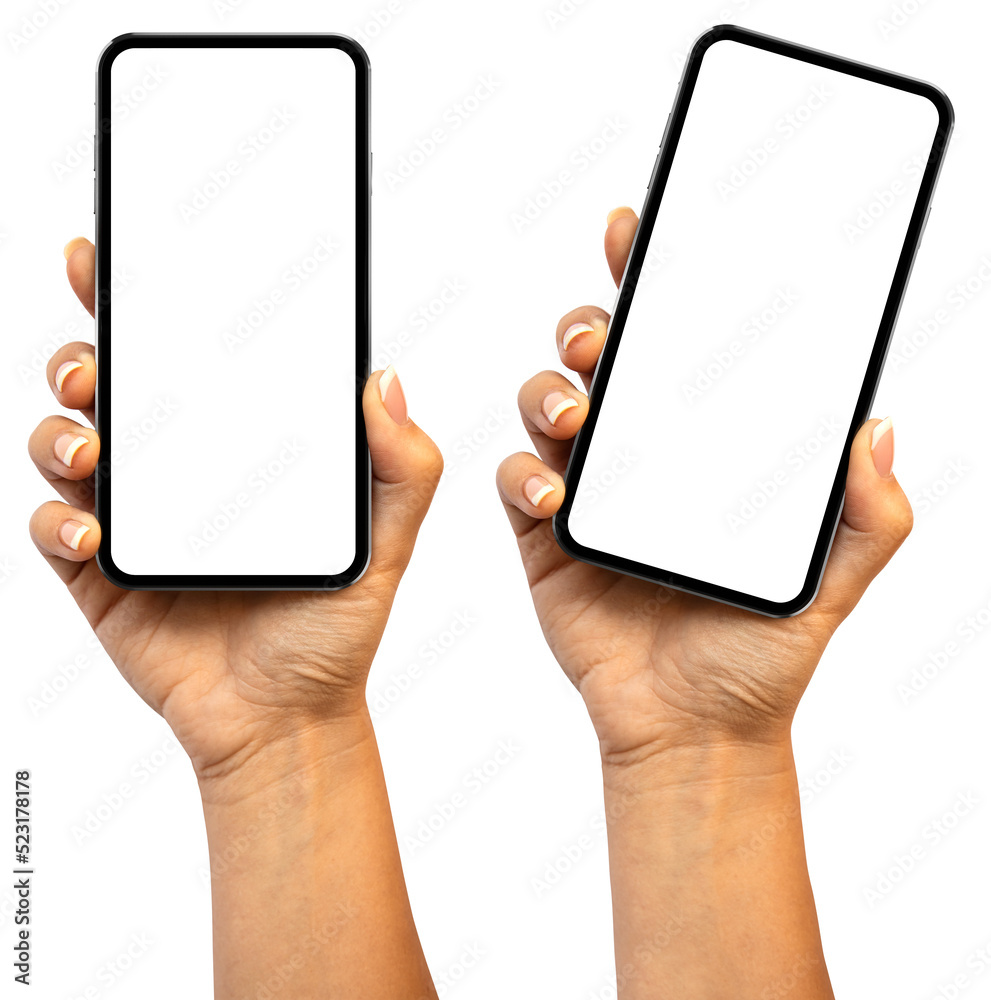 Woman's hand holding the black smartphone with a transparent blank ...