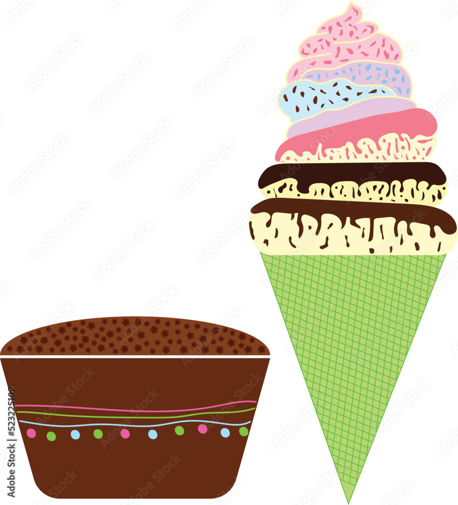 Chocolate cupcake and ice cream cone with different flavors vector ...