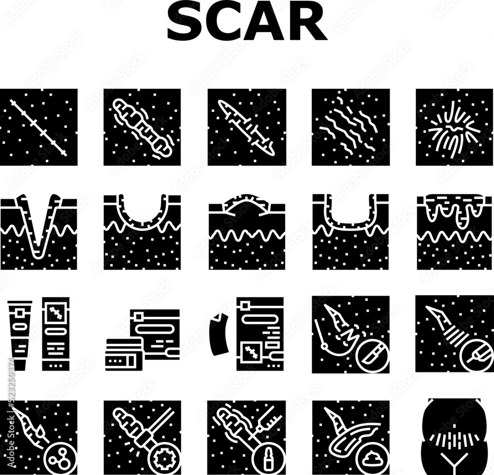 Scar After Trauma Or Surgery Icons Set Vector. Hyperpigmentation And ...