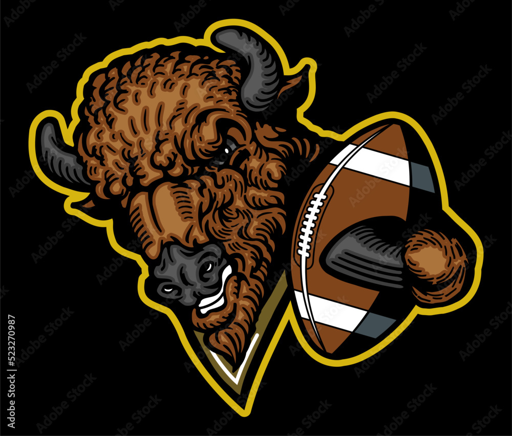 mean buffalo mascot holding football for school, college or league ...