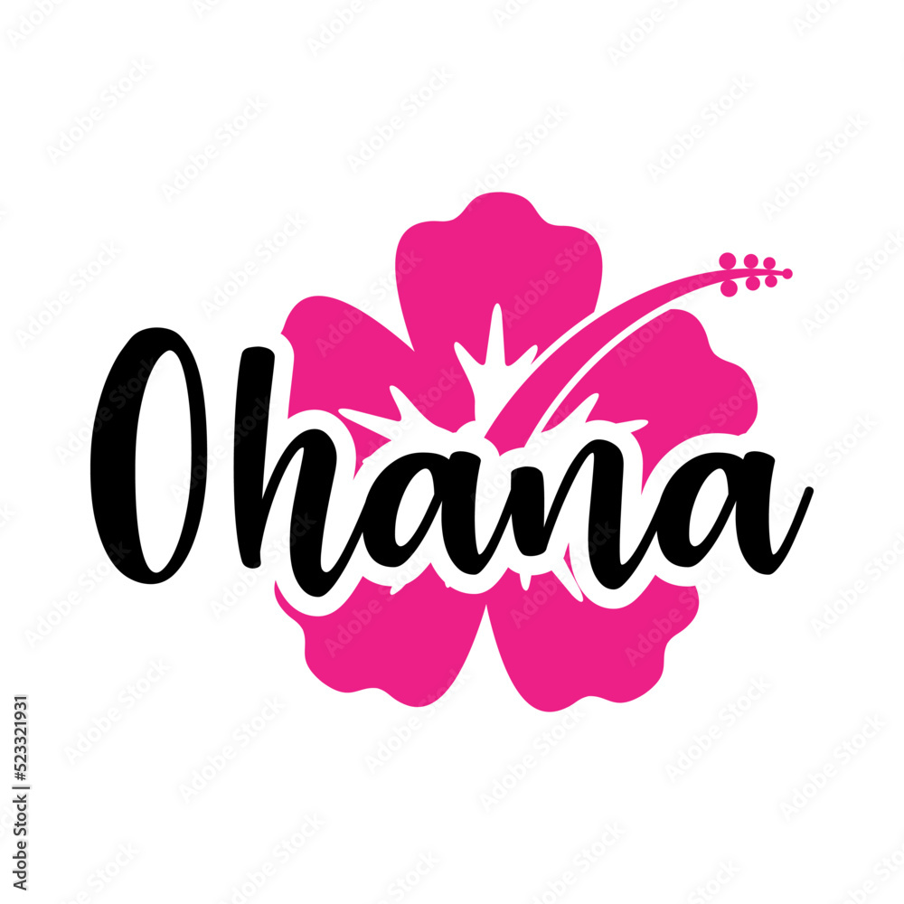 Banner con texto manuscrito con palabra hawaiana Ohana con silueta de ...