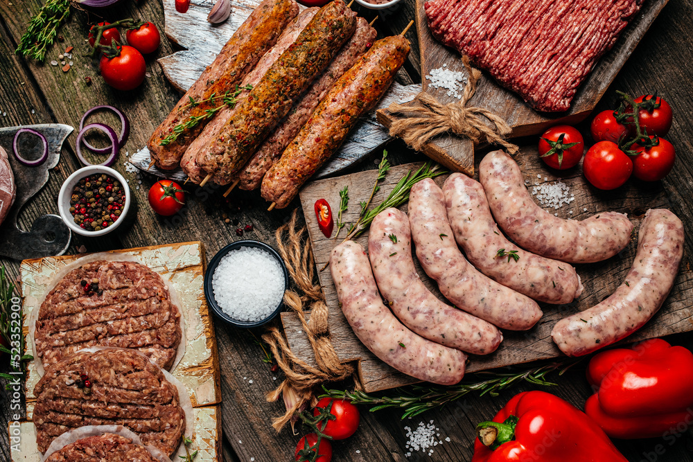 Raw meat products, different parts of the body. minced beef meat kebabs ...