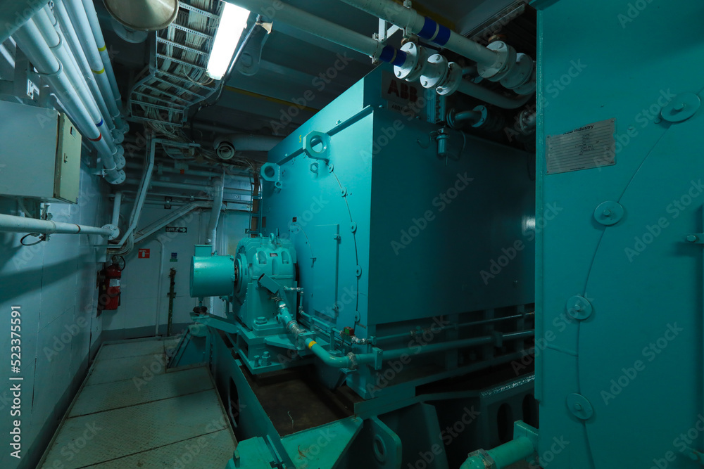Cruise ship engine room interior with water tight doors electrical and ...