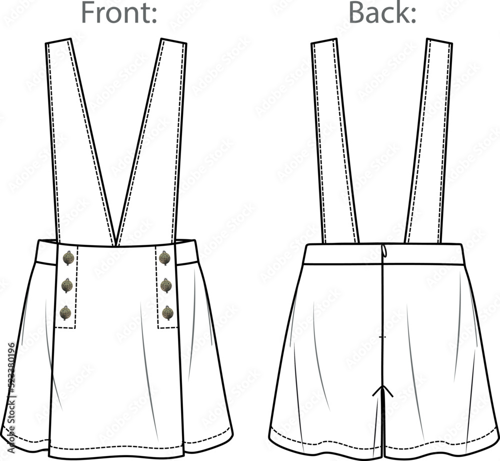 Vector dungaree dress fashion CAD, woman mini dress technical drawing ...