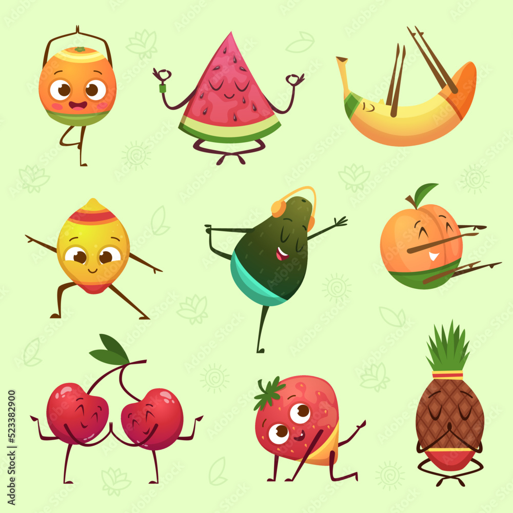 Yoga fruits poses. Fresh fruits and vegetables with funny faces making ...