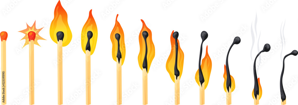 Vector de Stock Burning match animation. Burn matches stages, burned ...