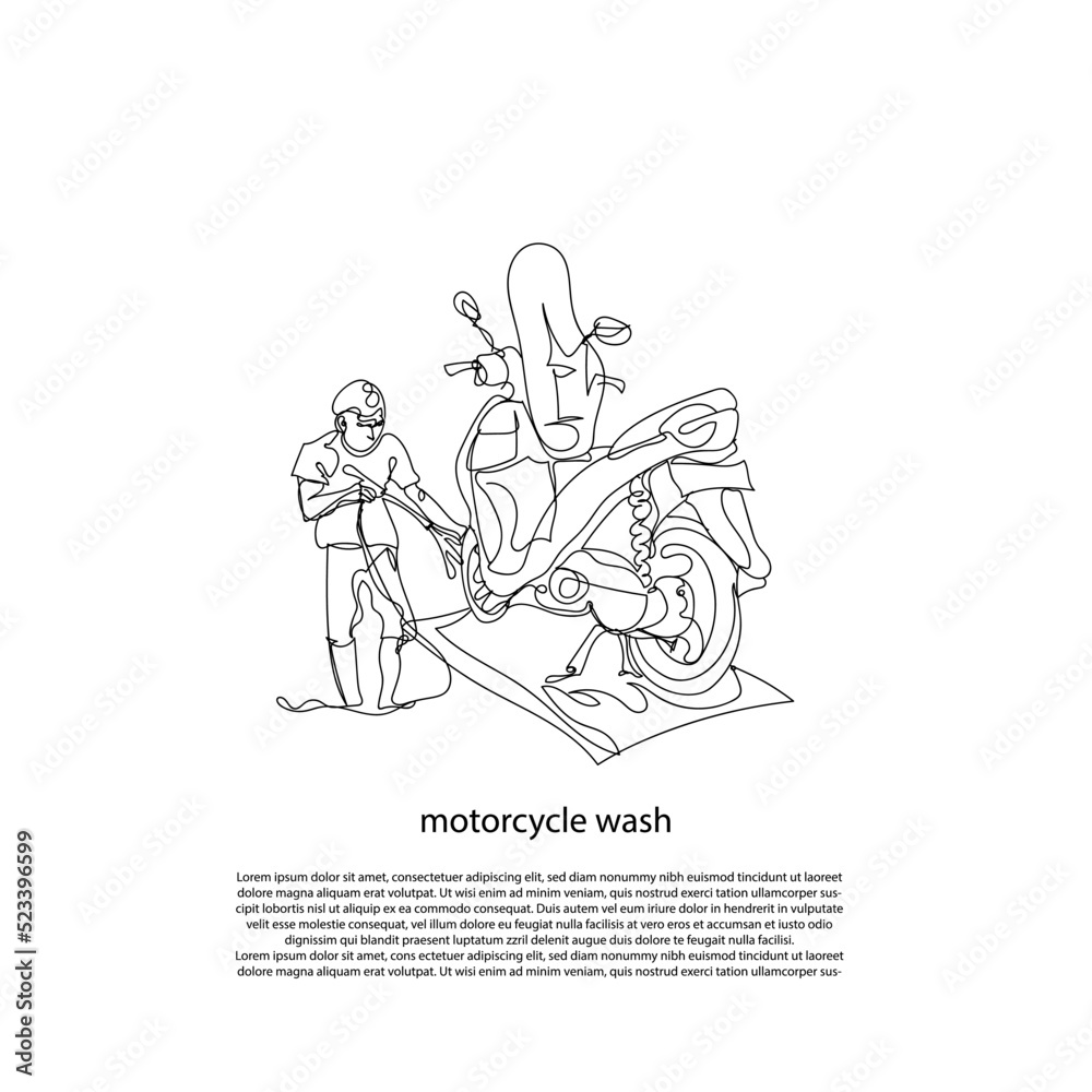 continuous line of motorcycle washing. line art of people washing ...