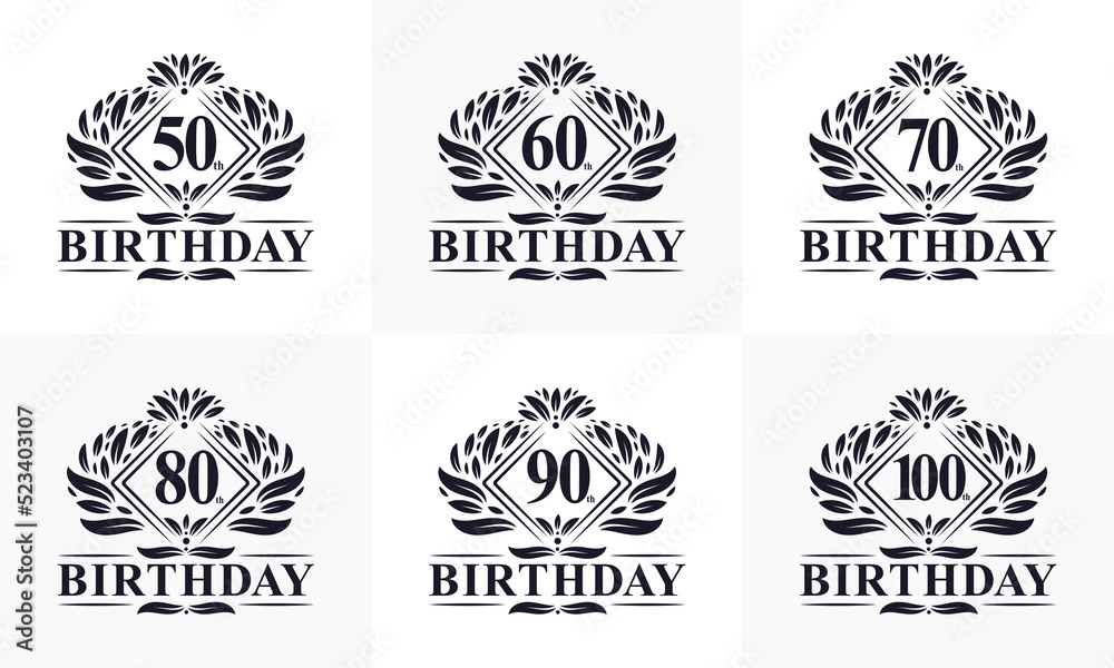 Vintage Retro Birthday logo set. Luxurious golden birthday logo bundle ...