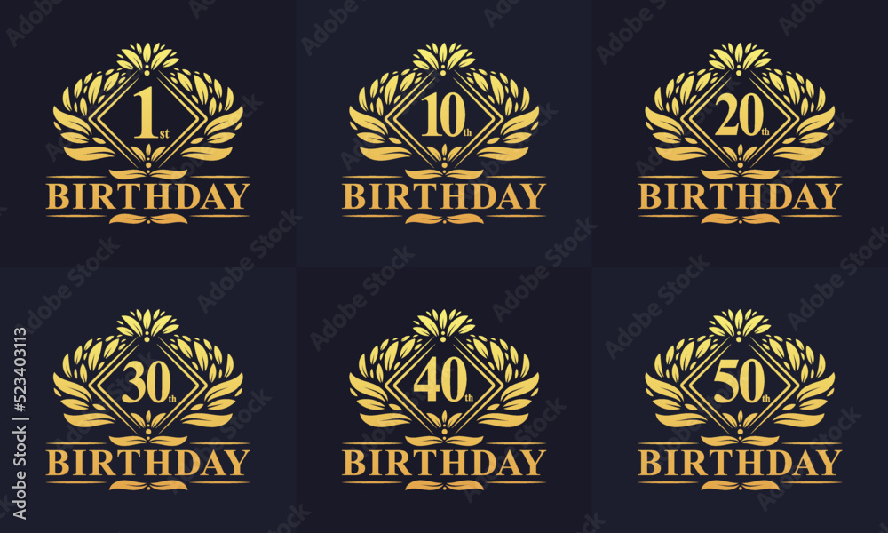 Vintage Retro Birthday logo set. Luxurious golden birthday logo bundle ...