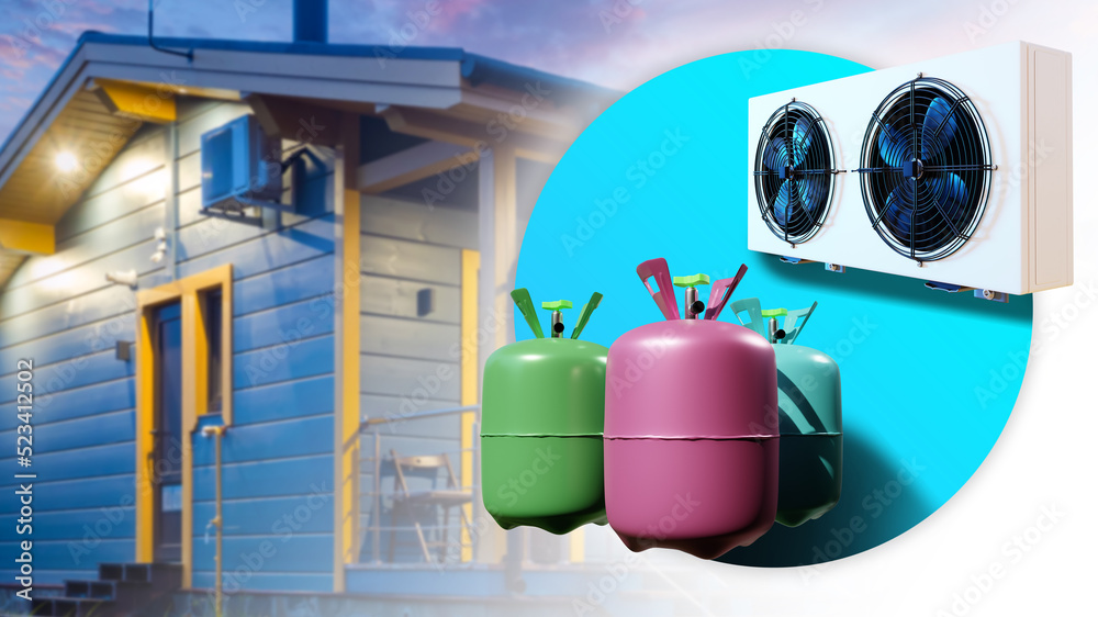 Refueling air conditioner in country house. Freon gas in cylinders ...