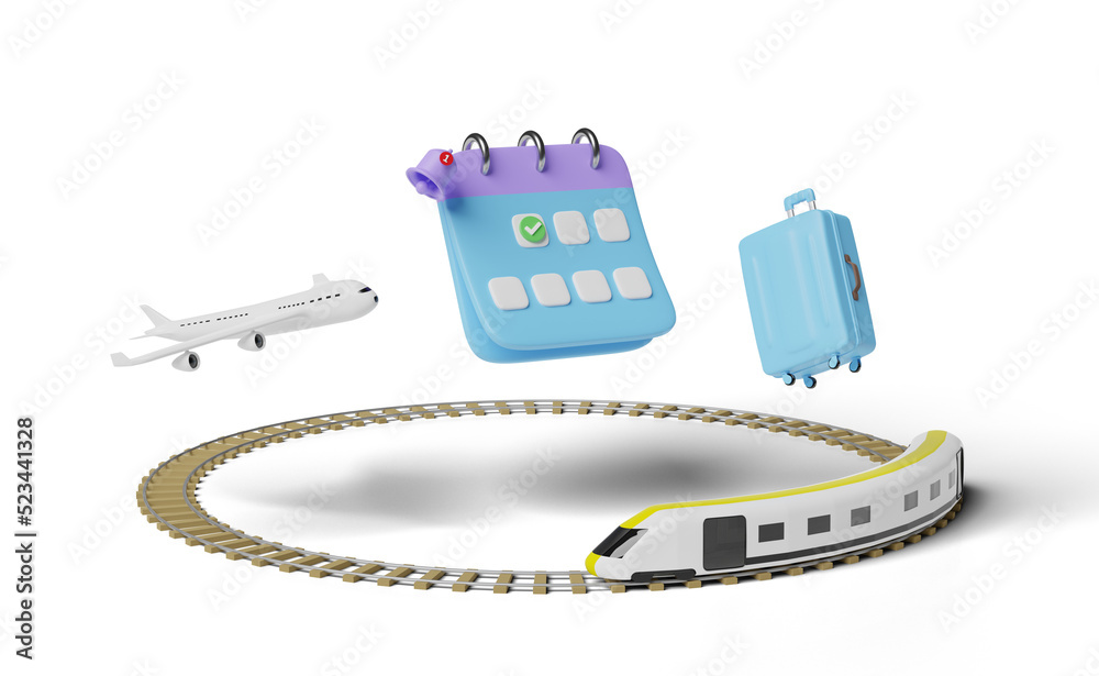 calendar with suitcase, sky train transport toy 3d, plane, checkmark ...