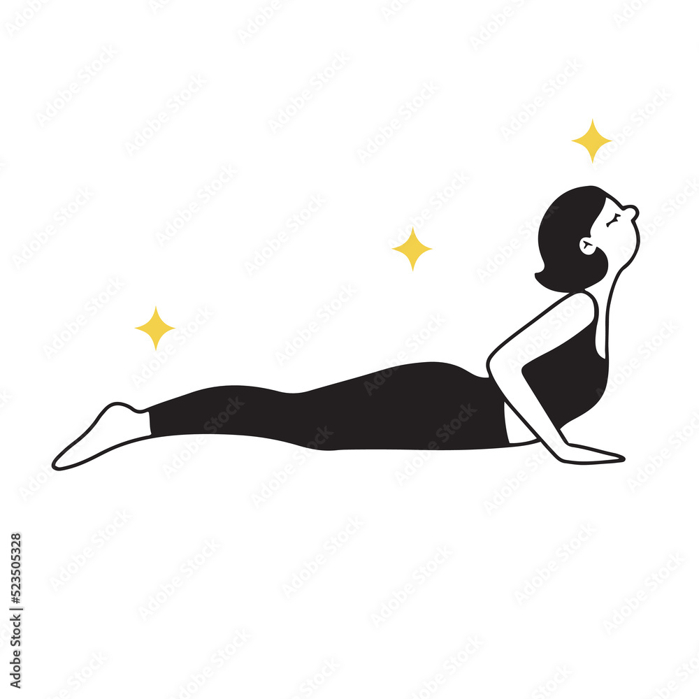 Hand drawn in black outline style girl performing snake pose from yoga ...