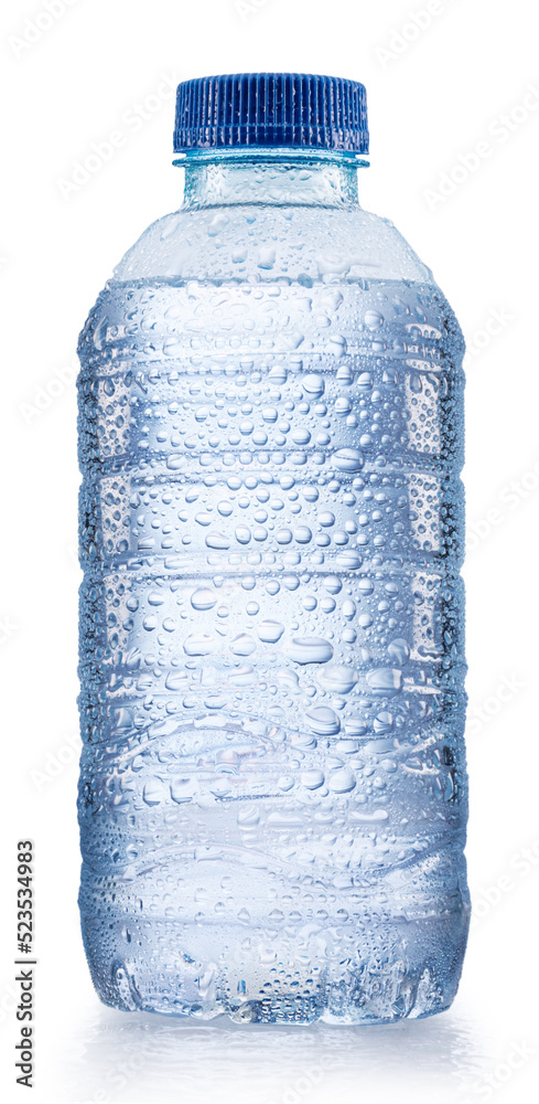 Plastic bottle of chilled water with condensation drops. File contains ...