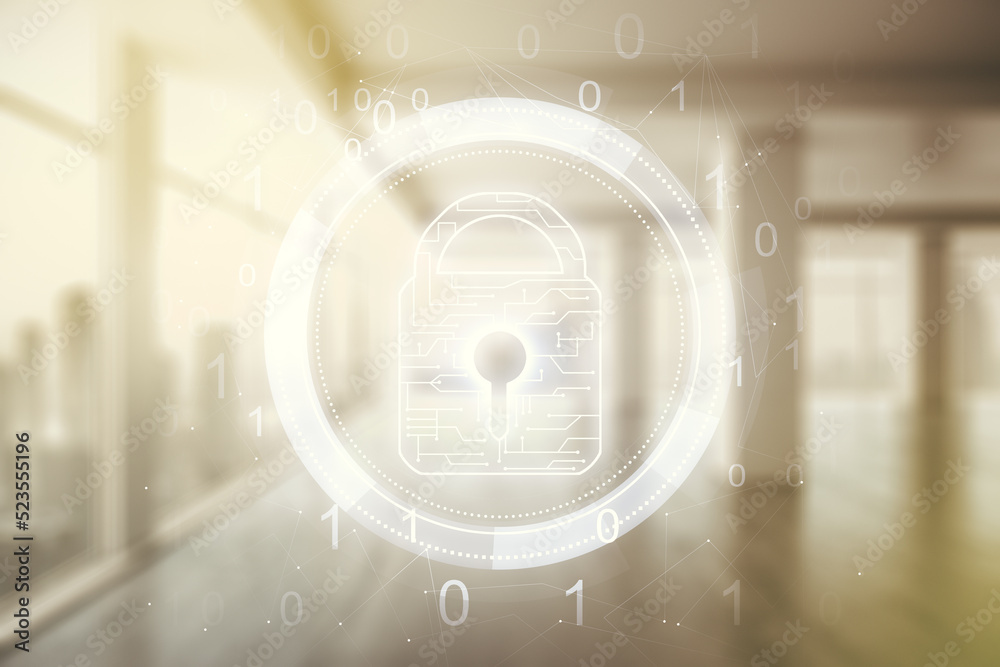 Virtual creative lock symbol and microcircuit illustration on empty ...