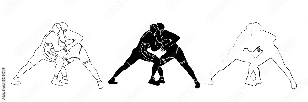 Outline sketch black and white silhouette of a wrestler athlete in ...