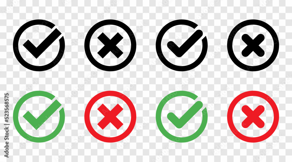 Stock-Vektorgrafik „Check mark and cross mark icon set. Green checkmark and red crossmark ...