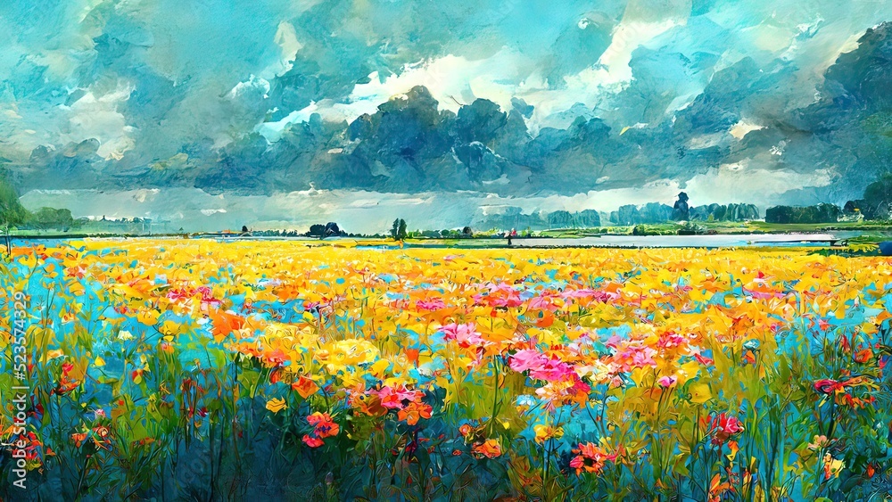Flower fields painting. Colorful drawing of netherlands flower harvest ...