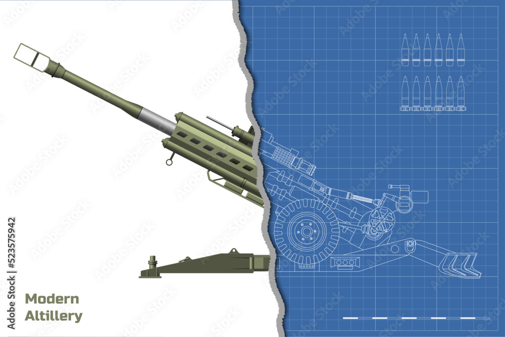Modern artillery. Isolated 3d cannon blueprint. Top, side view of military weapon. Army gun ...