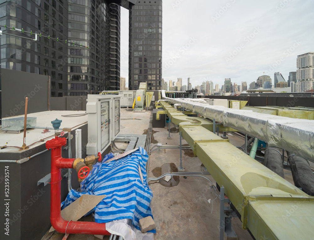 Chiller tower or cooling tower on rooftop of a office building in urban ...