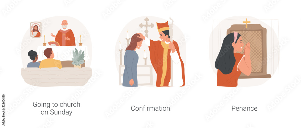 Christian rituals isolated cartoon vector illustration set. Catholic ...