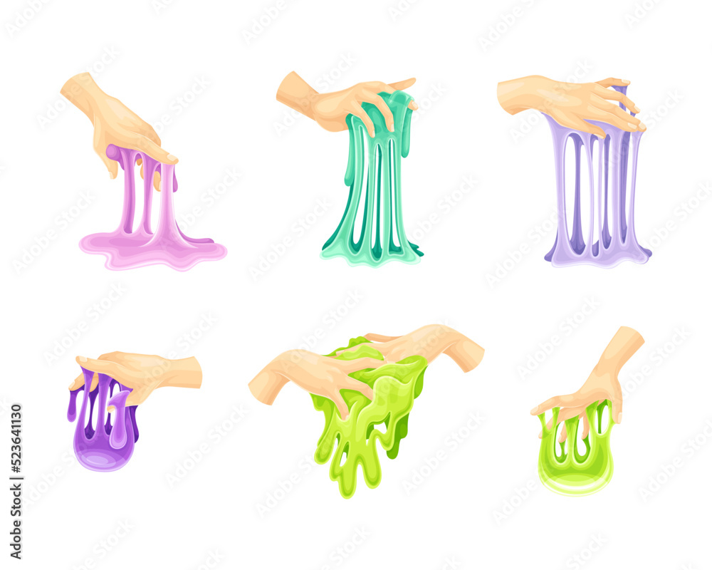 Human hands playing with sticky liquid hand gum set. Slimy toy for kids ...