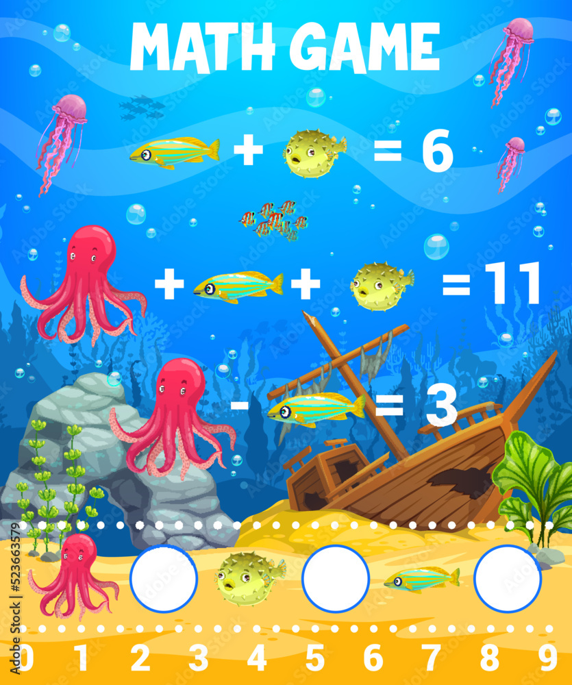 Vetor Math game worksheet, underwater landscape with sea animals and ...