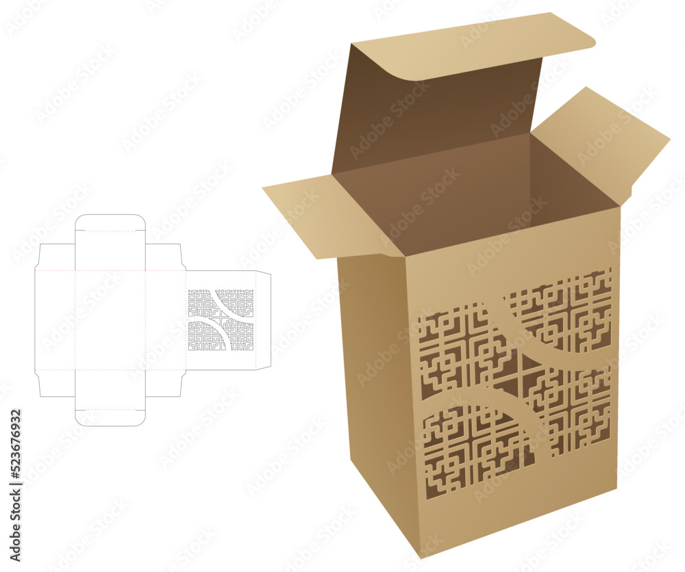 stenciled box die cut template and 3D mockup Stock Vector | Adobe Stock