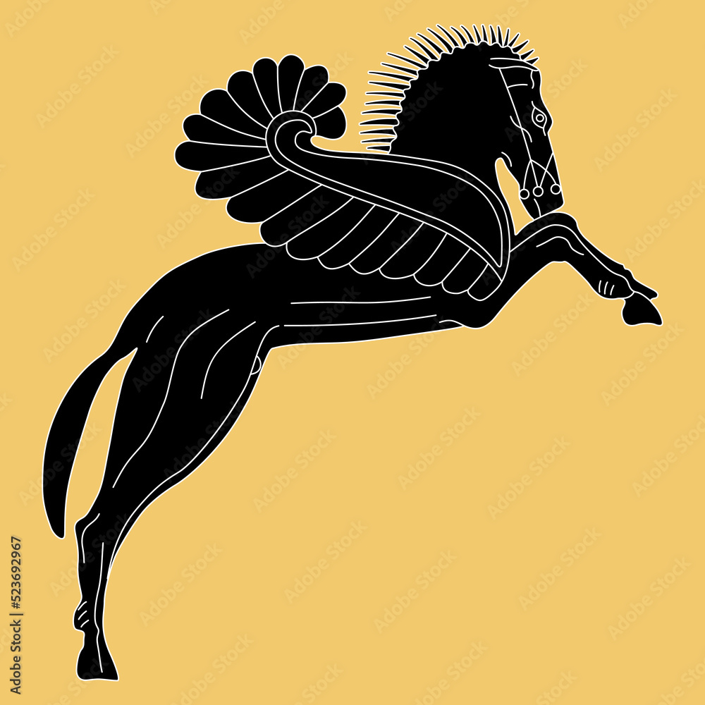 Pegasus. Jumping winged horse. Ancient Greek mythology. Black and ...