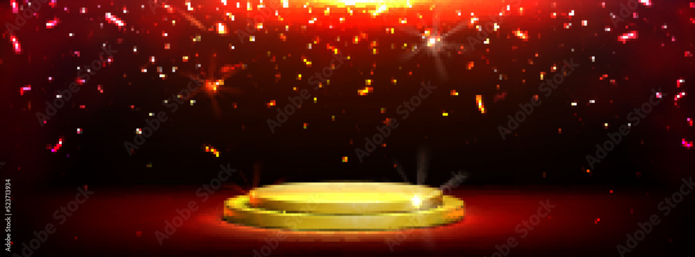 Golden podium with falling confetti, round gold shiny platform, stage ...