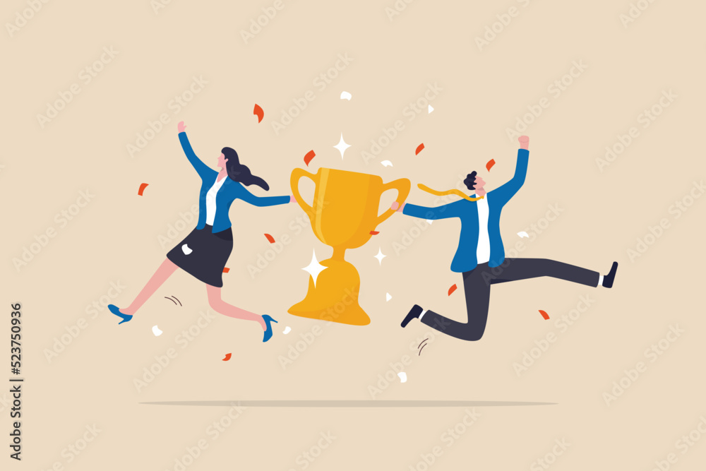 Team success, partnership or teamwork to win business competition ...