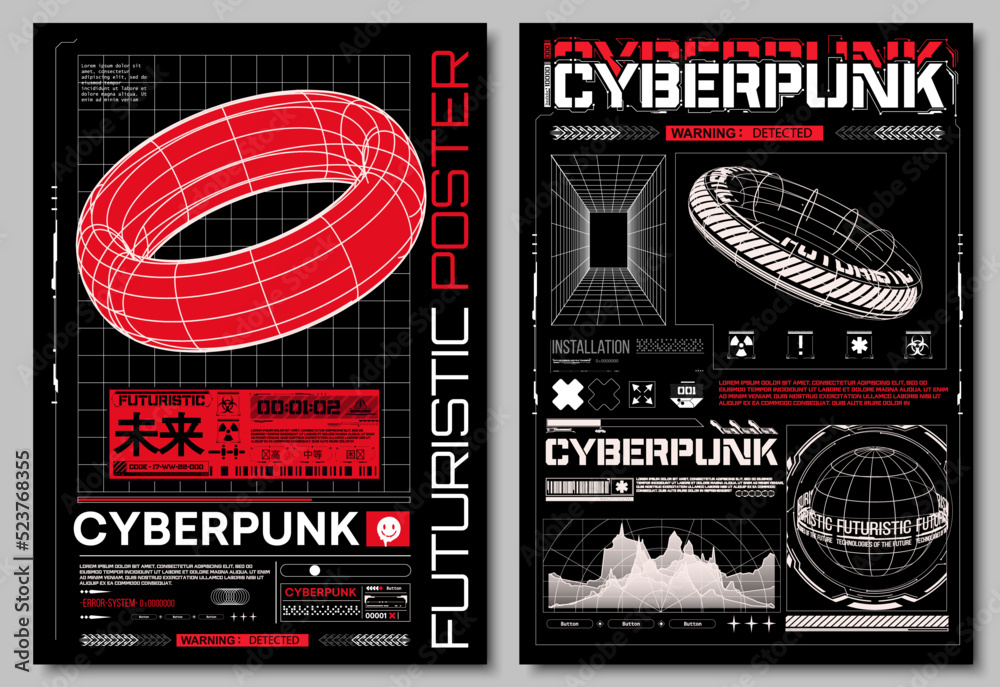 Collection of modern abstract posters. In acid style rave, mesh, text ...