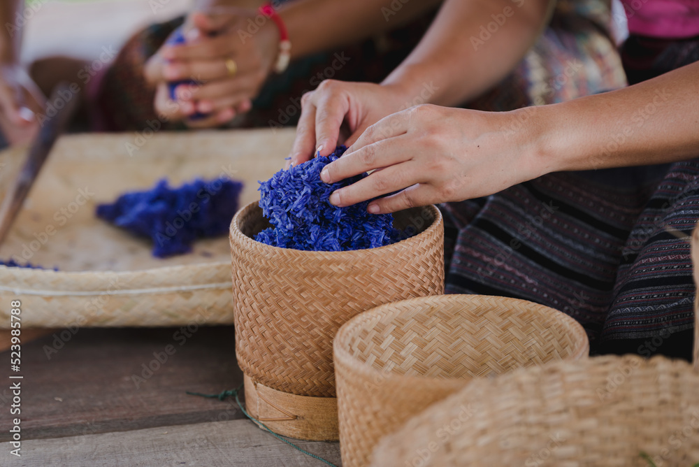 Thai rice, sticky rice mixed with butterfly pea flowers make the rice ...
