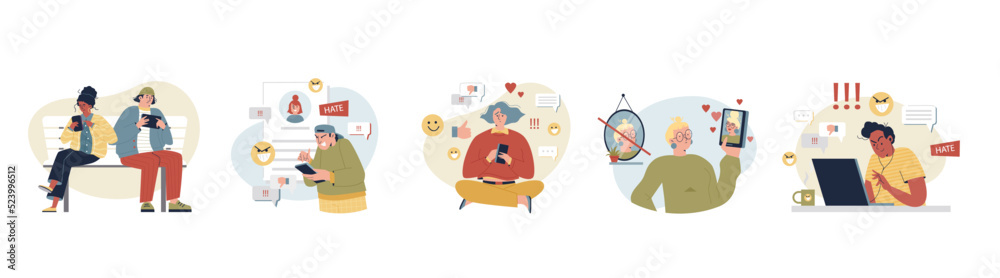 Social media behavior types - addiction, hate speech, cyberbullying ...