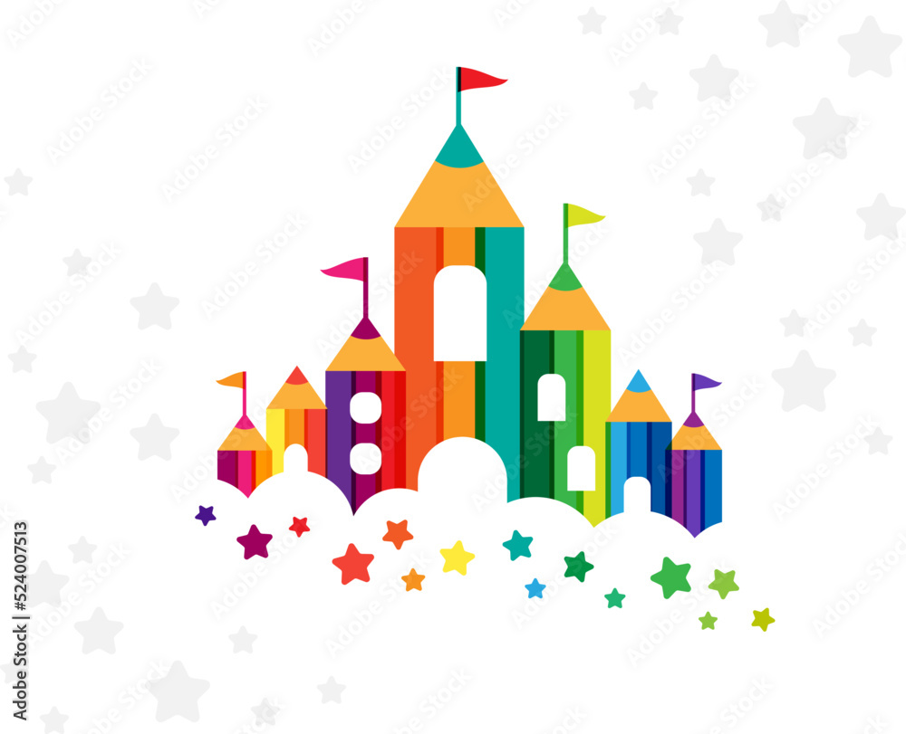Kids castle from colorful pencils. Childhood fantasy fort with rainbow ...