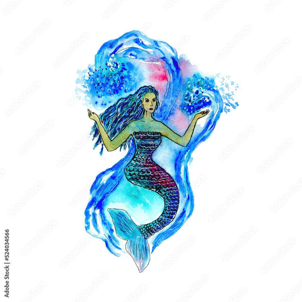 Watercolor Illustration of Pisces astrological sign as a mermaid girl ...