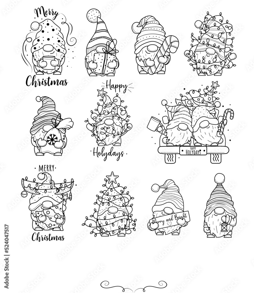 Set of cute cartoon Christmas gnomes for coloring book.Line art design ...