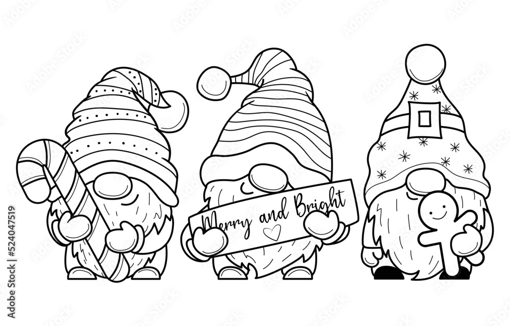 Cute Cartoon Christmas Gnome With Ts For Coloring Book Line Art