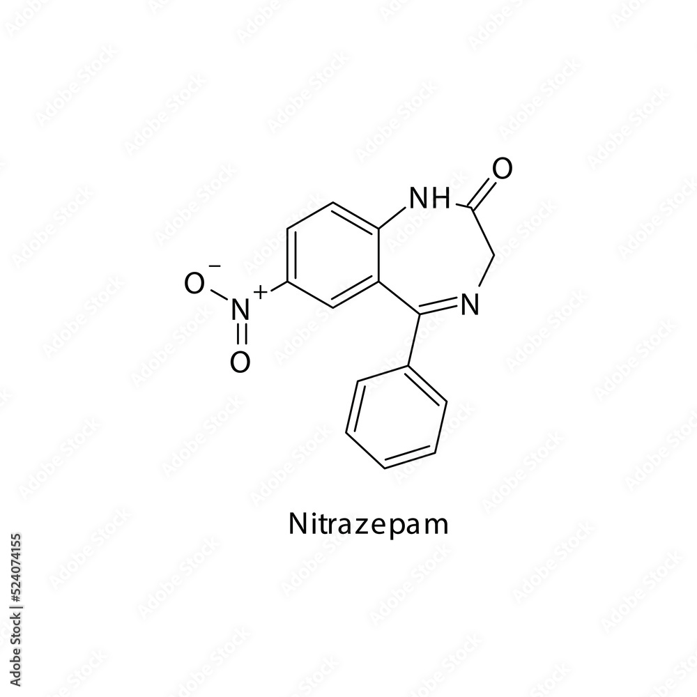 Nitrazepam molecule flat skeletal structure, Benzodiazepine class drug ...