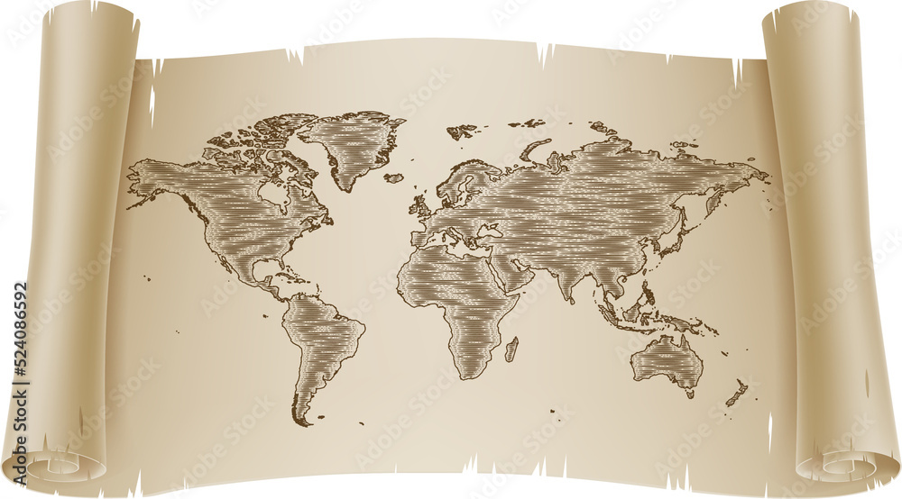 World Map Drawing Old Woodcut Engraved Scroll Stock Illustration ...