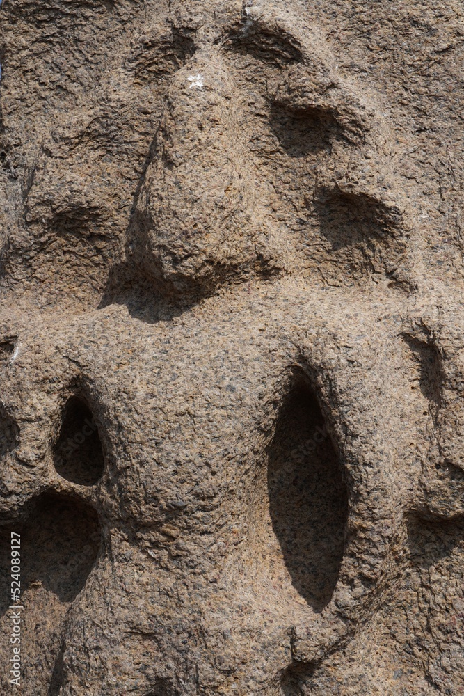 Bas relief rock cut sculptures of gods, people and animals are carved ...