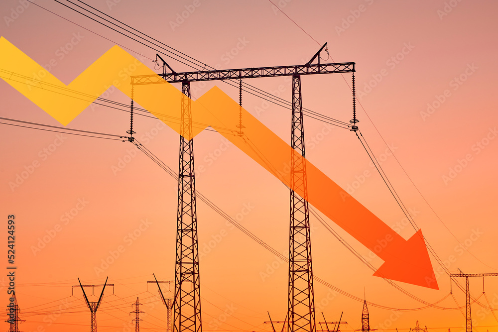 Power lines and dropping down arrow. Energy crisis in world. Price ...