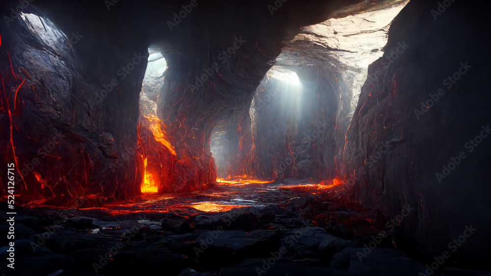 Lava inside a cave with holes at the top. Natural gallery in hell with ...