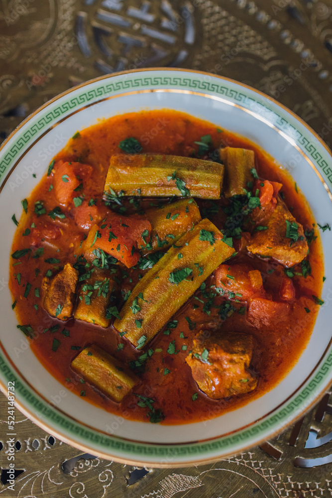 Bamya Bamia okra beef middle eastern Persian Iraqi stew in white bowl ...