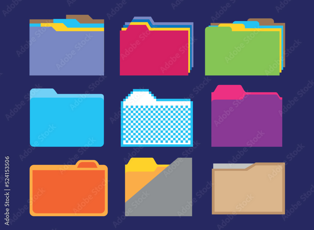Set of folder icons in different designs and colors, isolated vectors ...