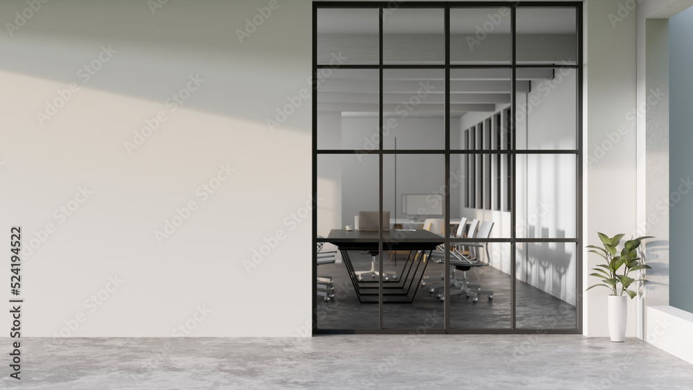 Modern minimal white office corridor or hallway interior with a large ...