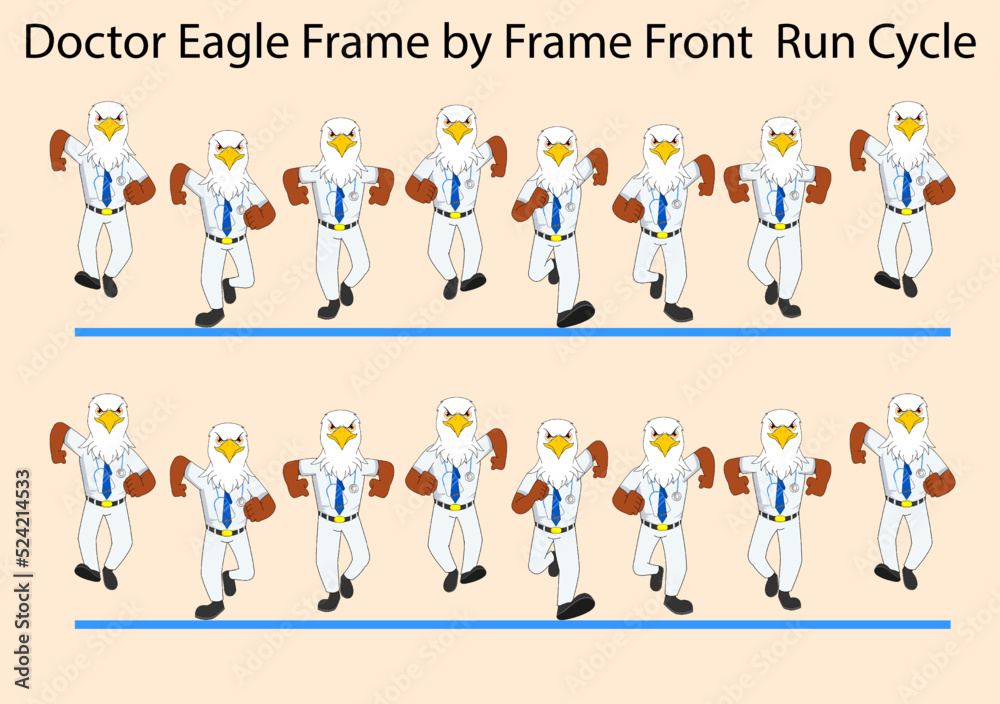 Angry Eagle frame by frame front run cycle vector illustration. Designed for, 2D eLearning ...