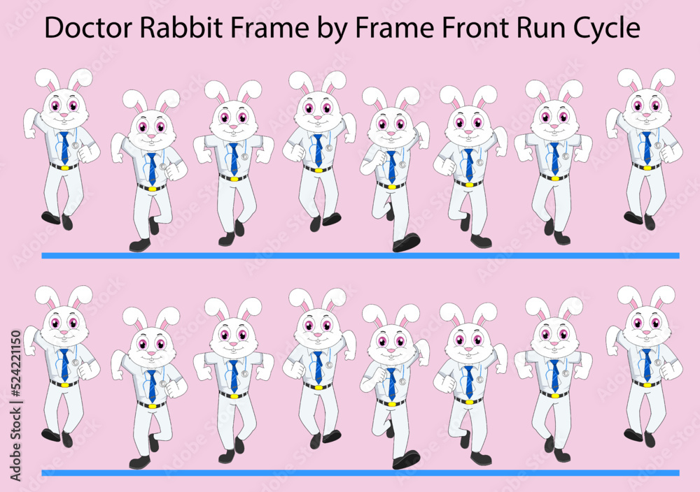 Cartoon cute White doctor Rabbit front Run cycle vector illustration ...