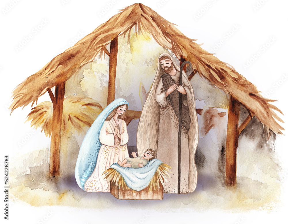 Christmas Nativity Scene Of Joseph And Mary Holding Baby Jesus Hand