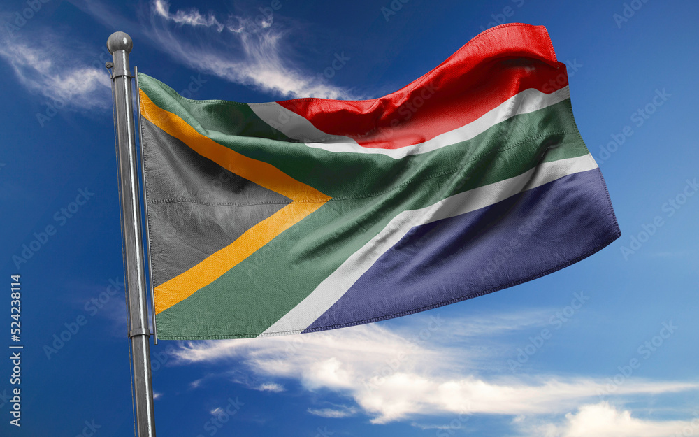 South African Flag is Waving Against Blue Sky with Clouds Stock ...